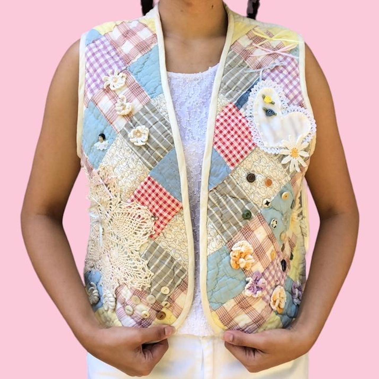 Vintage handmade patchwork quilted cottage core vest... - Depop
