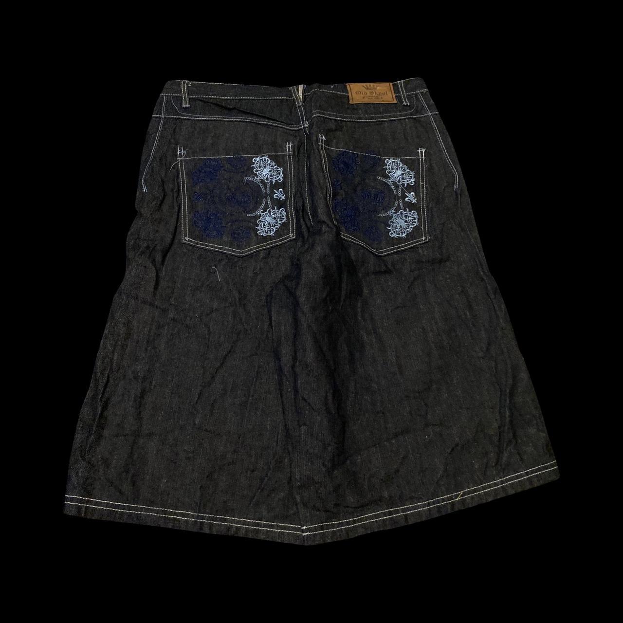 dark blue baggy embroidered jorts. sick designs on... | Depop