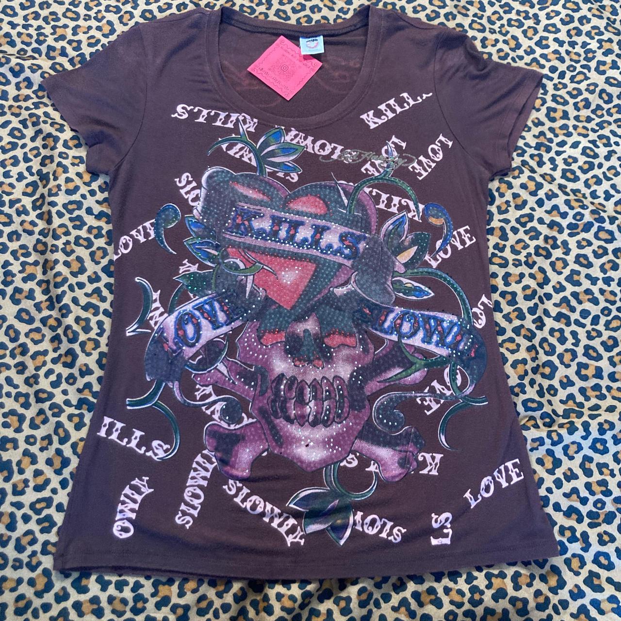 browned hardy bedazzled baby tee would best fit... | Depop
