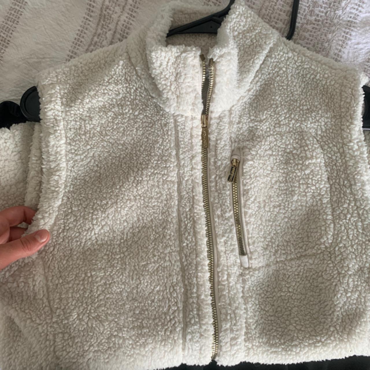 Calvin Klein White Fuzzy Vest with Gold accents Size... - Depop