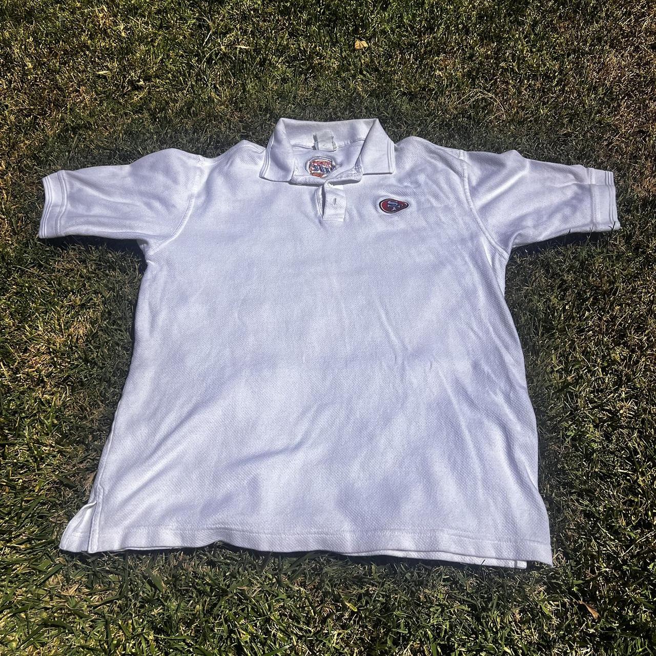 White 49ers/miller light polo prestige condition... - Depop