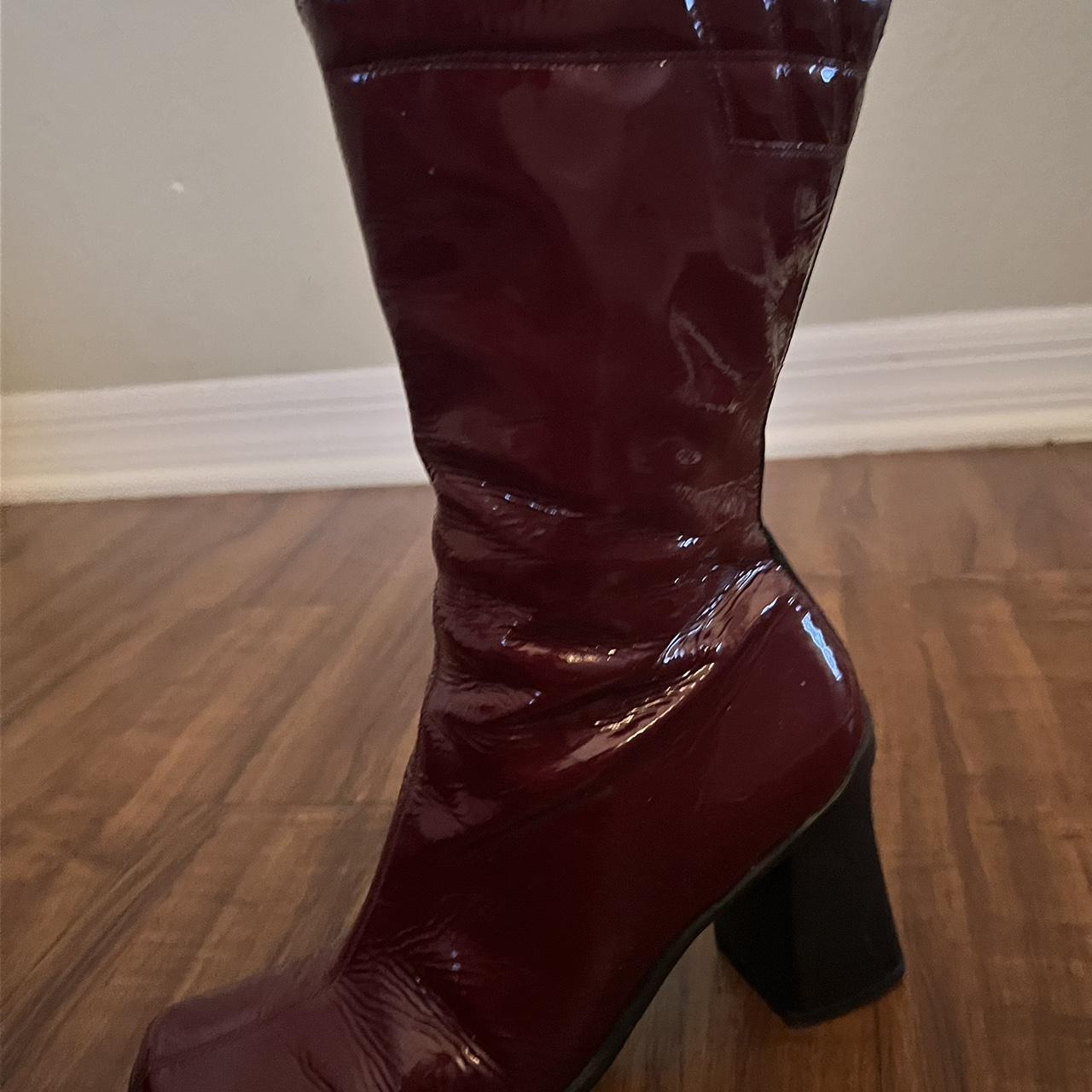 glossy cherry red square toe boots look super cute w... - Depop