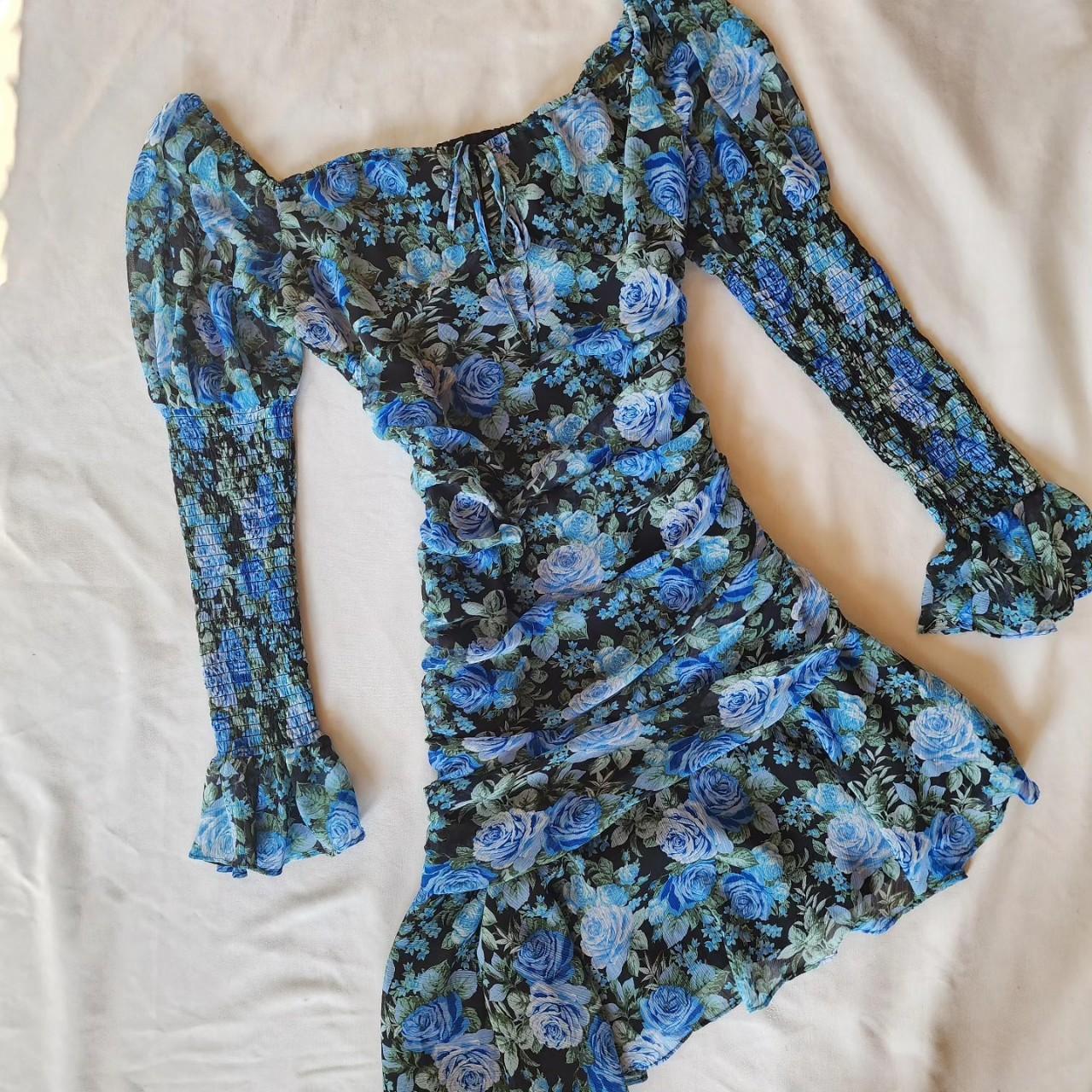 Wayf Blue Floral Mini Dress Asymmetrical Long Puff... - Depop