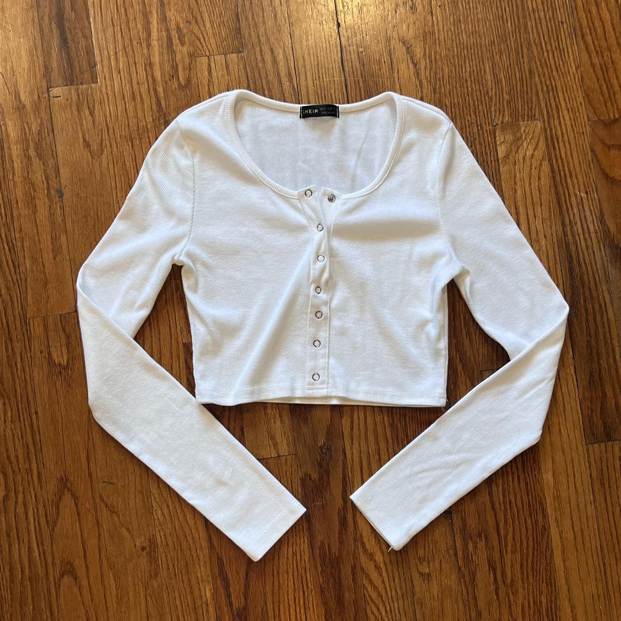white long sleeve button up top size small ask me... - Depop