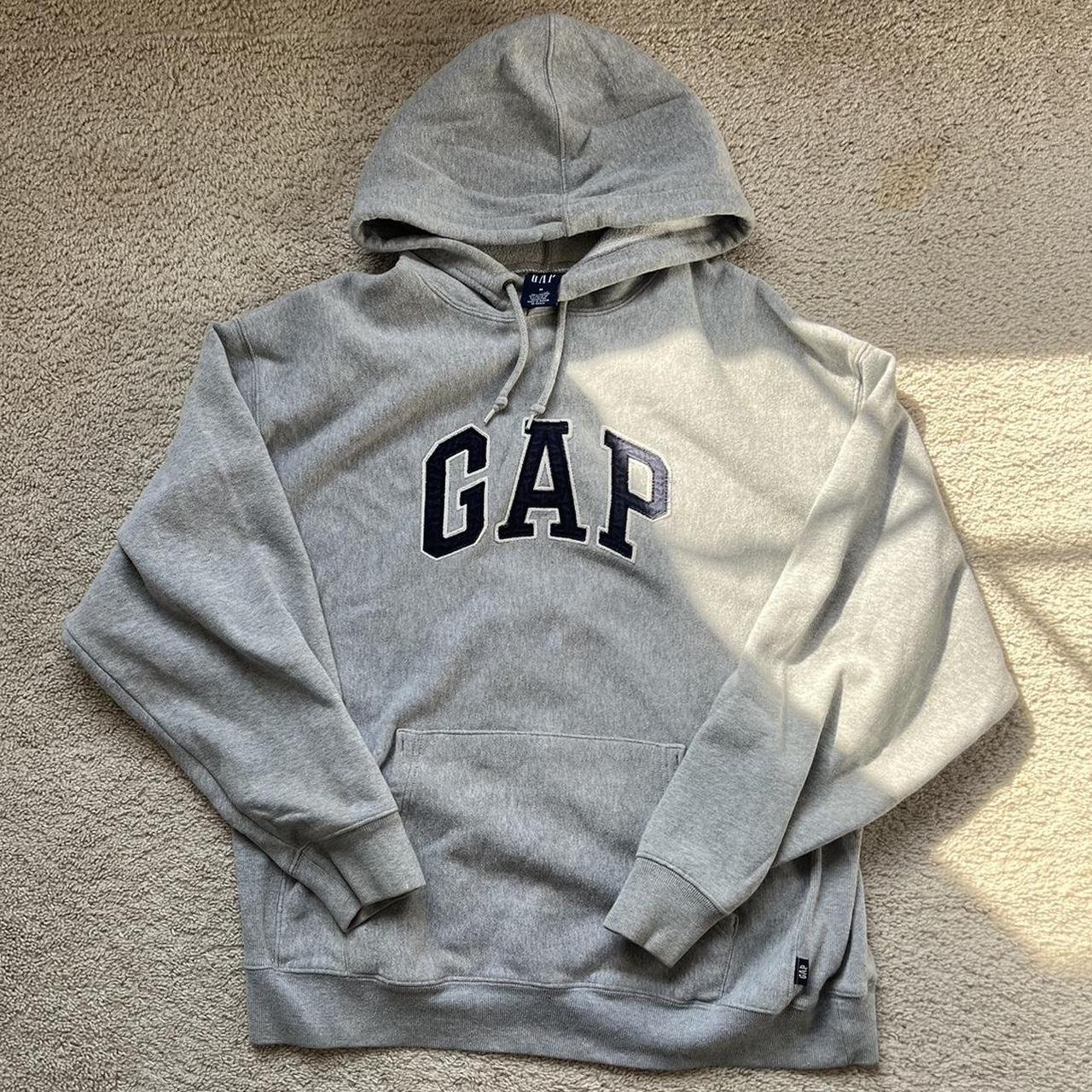 Medium Grey Gap hoodie with navy embroidered logo... - Depop