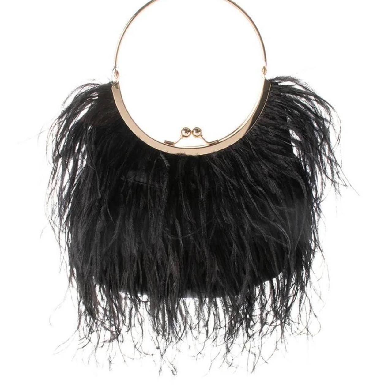 Olga Berg Penny Feathered Frame Bag - Black - Depop