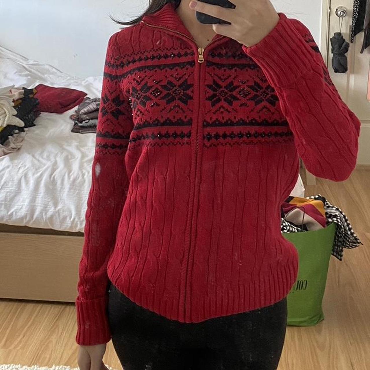 - Ralph Lauren red knit jacket with black bead... - Depop