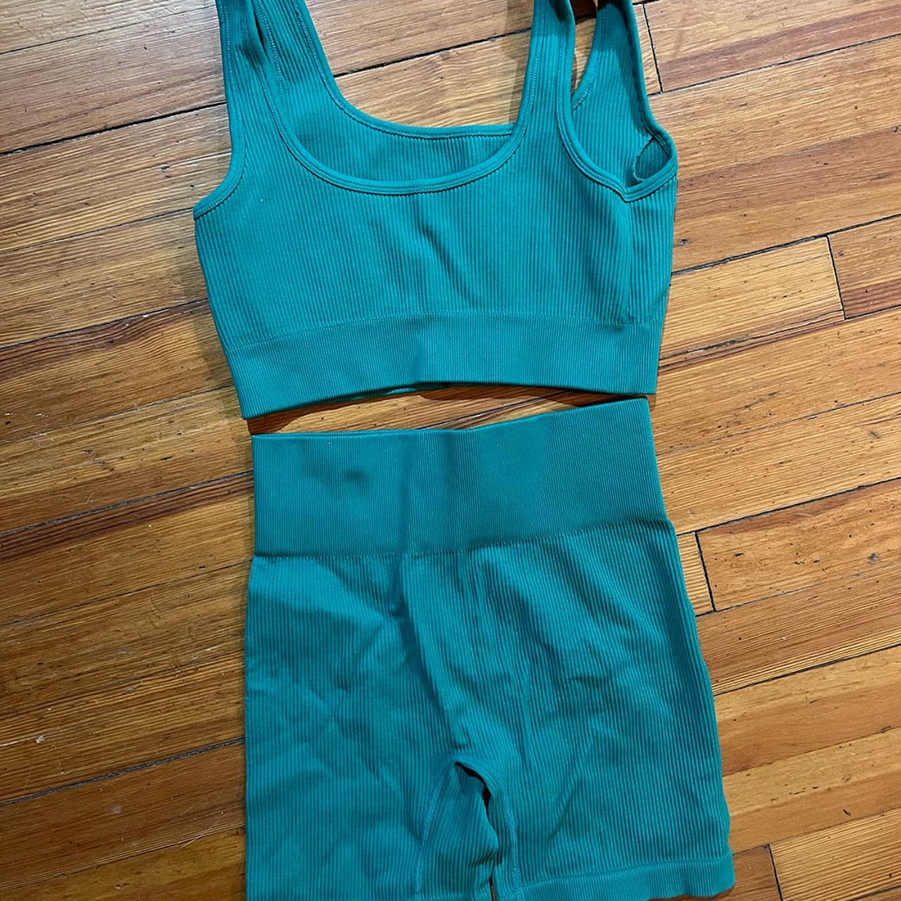 Bright green workout set. Thick ribbed compression... - Depop