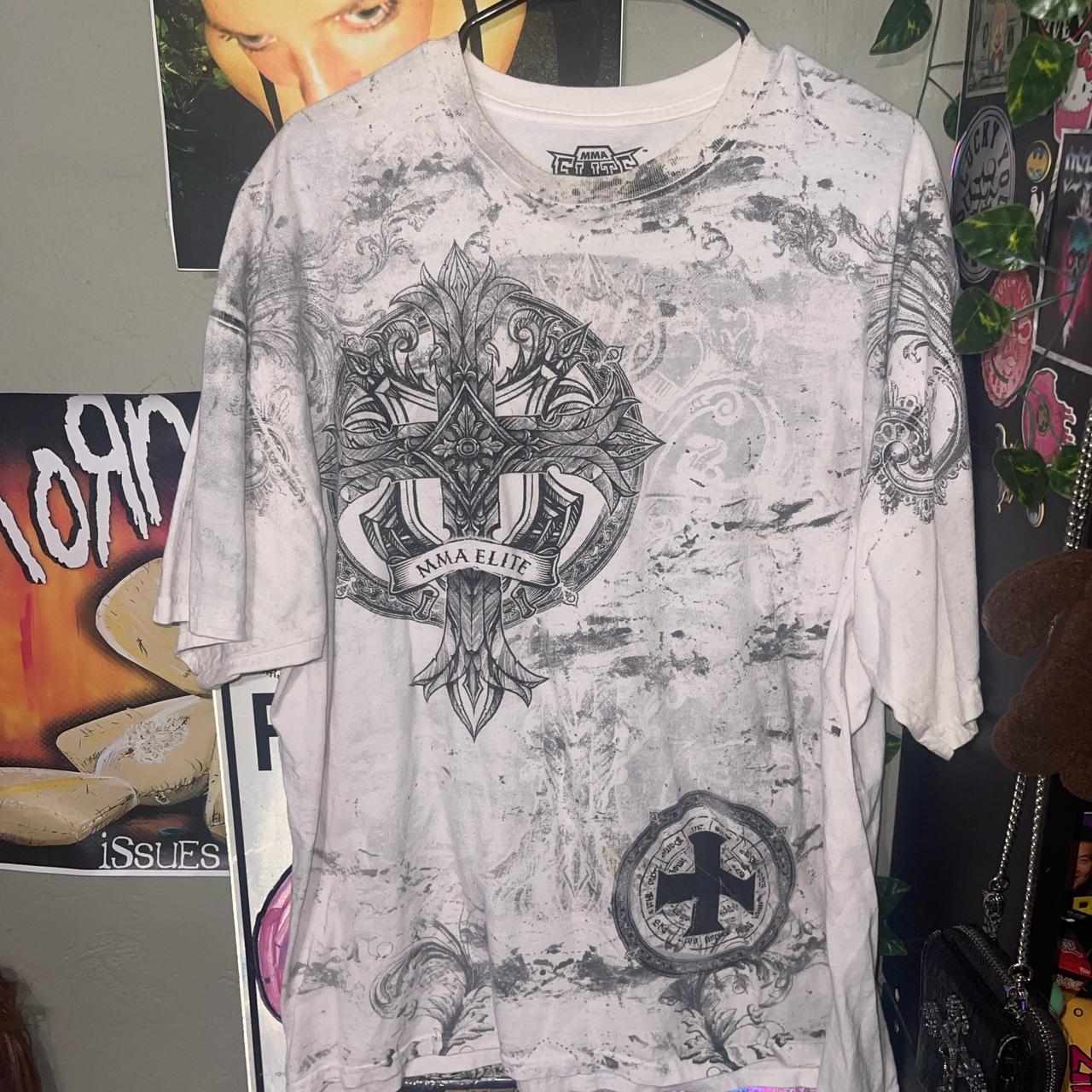 White and black Affliction MMA ELITE y2k tee crosses... - Depop