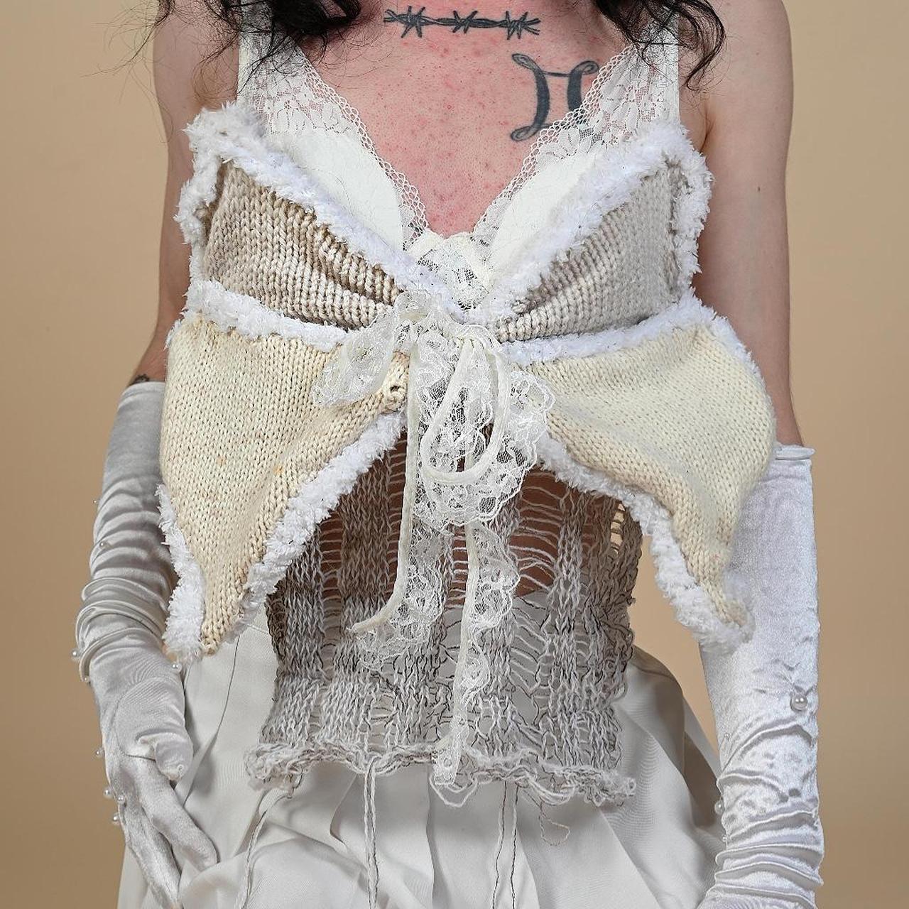 Angel‘s wing knitted corset made from scrap yarn... - Depop