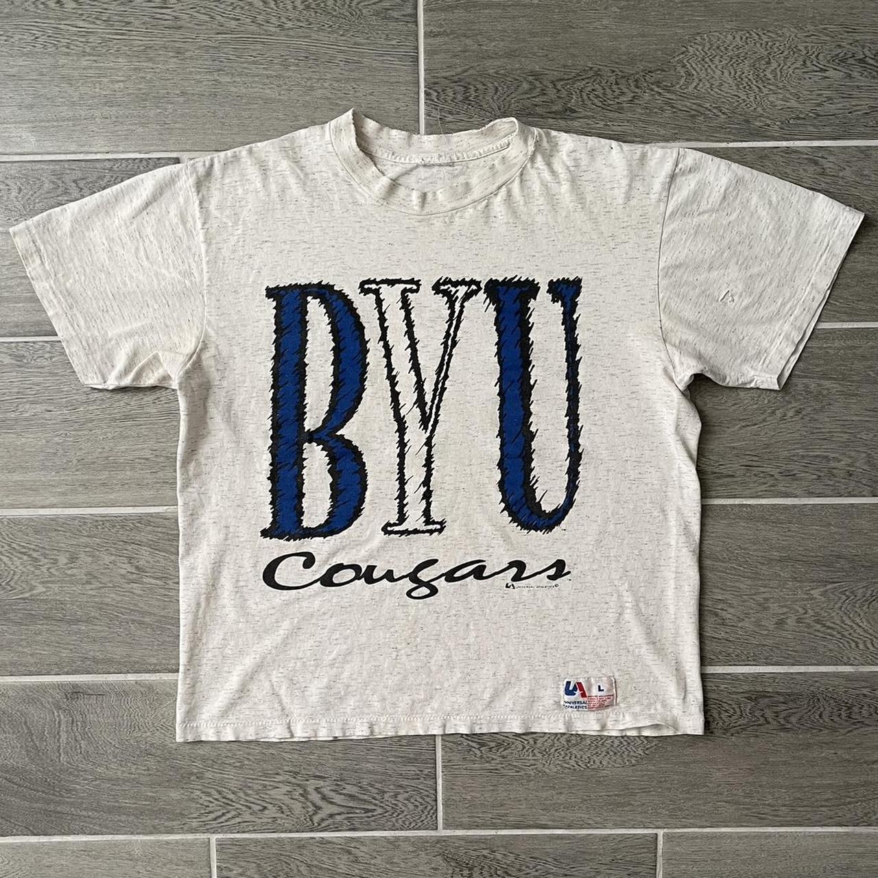 vintage 90s universal athletic BYU scribble tee... - Depop