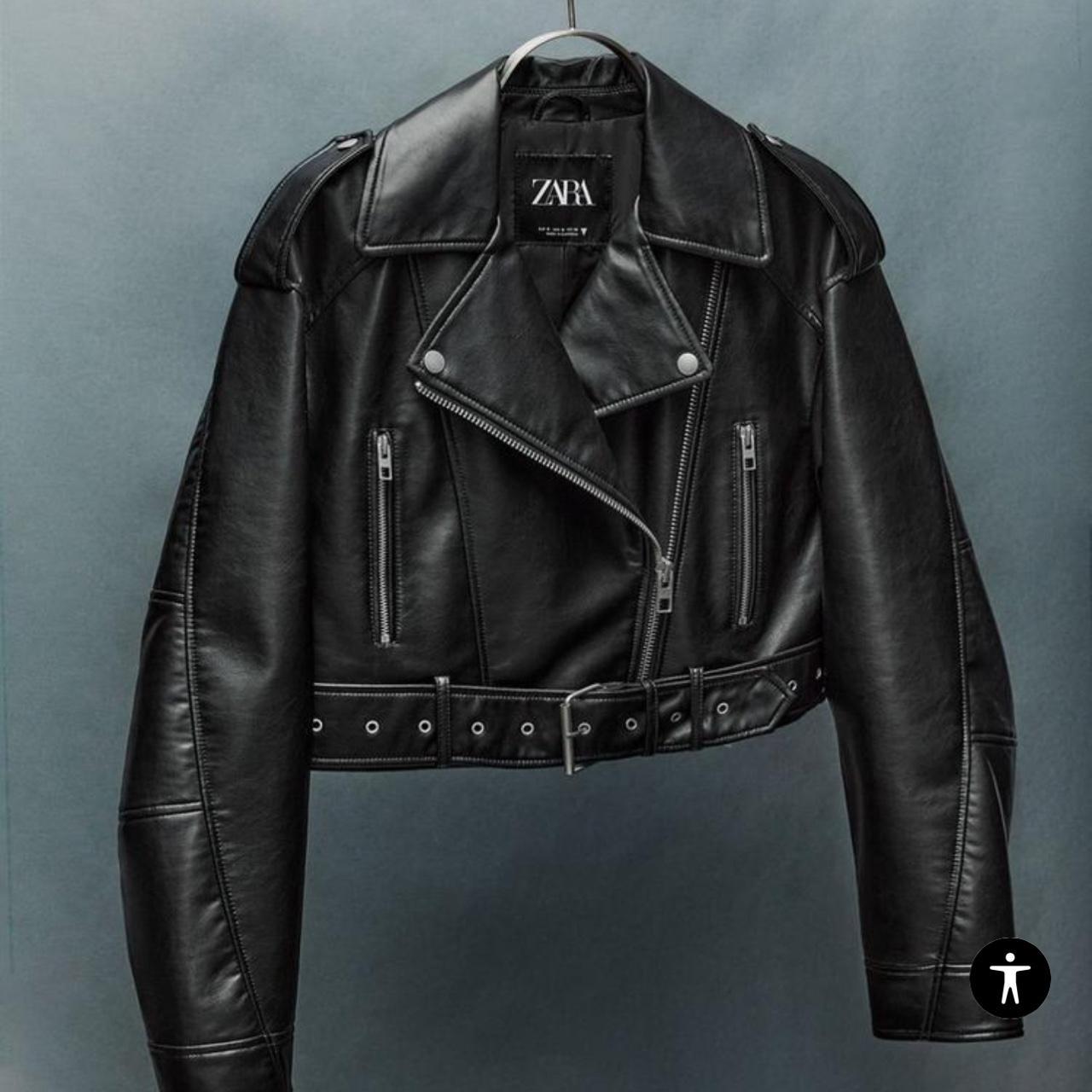 Zara leather crop biker jacket; worn once, amazing... - Depop