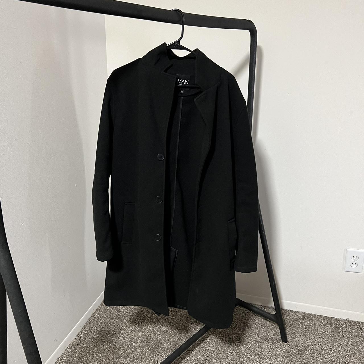 BoohooMan Single Breasted Wool Mix Black OverCoat... - Depop