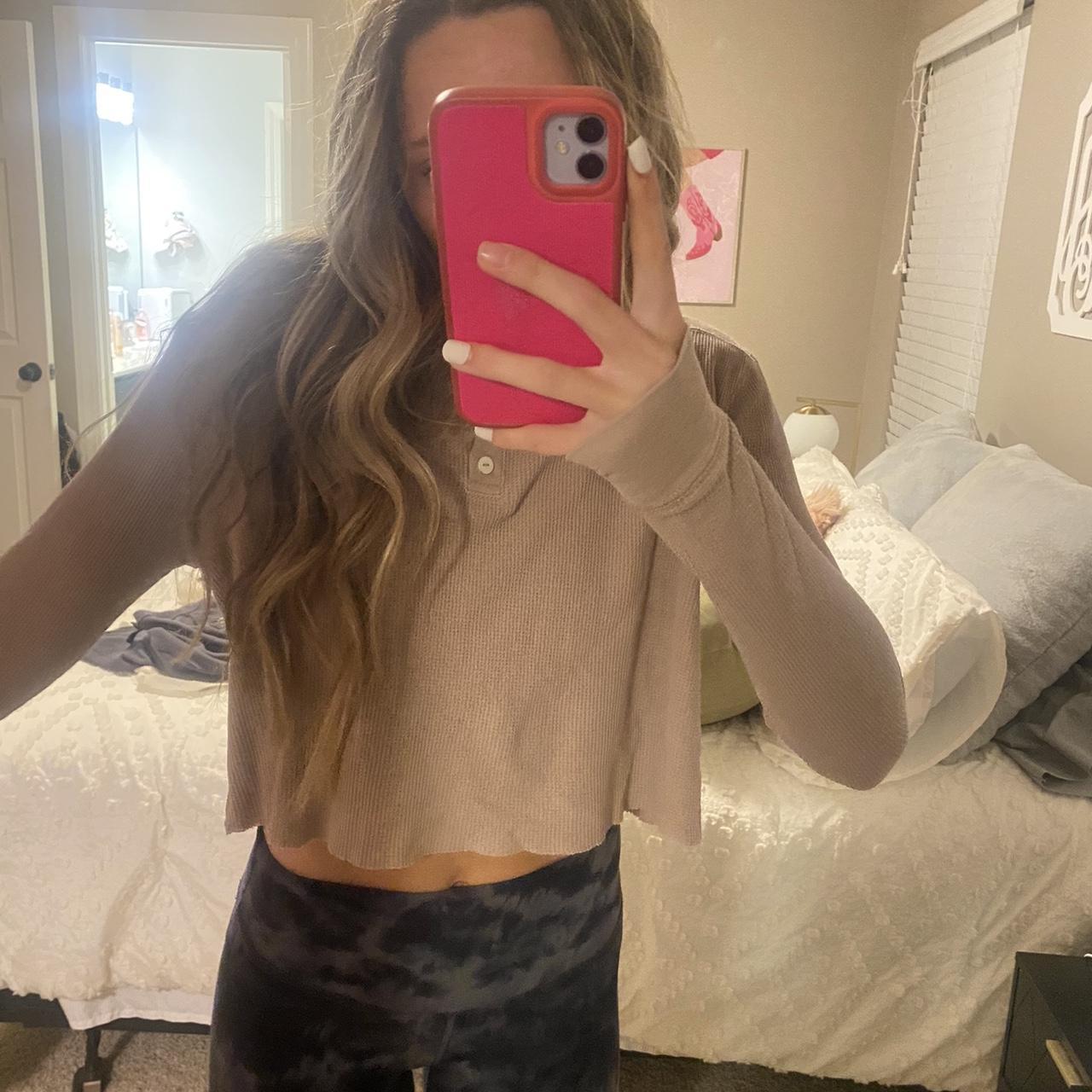 cute light pink brown ish colored cropped long... - Depop