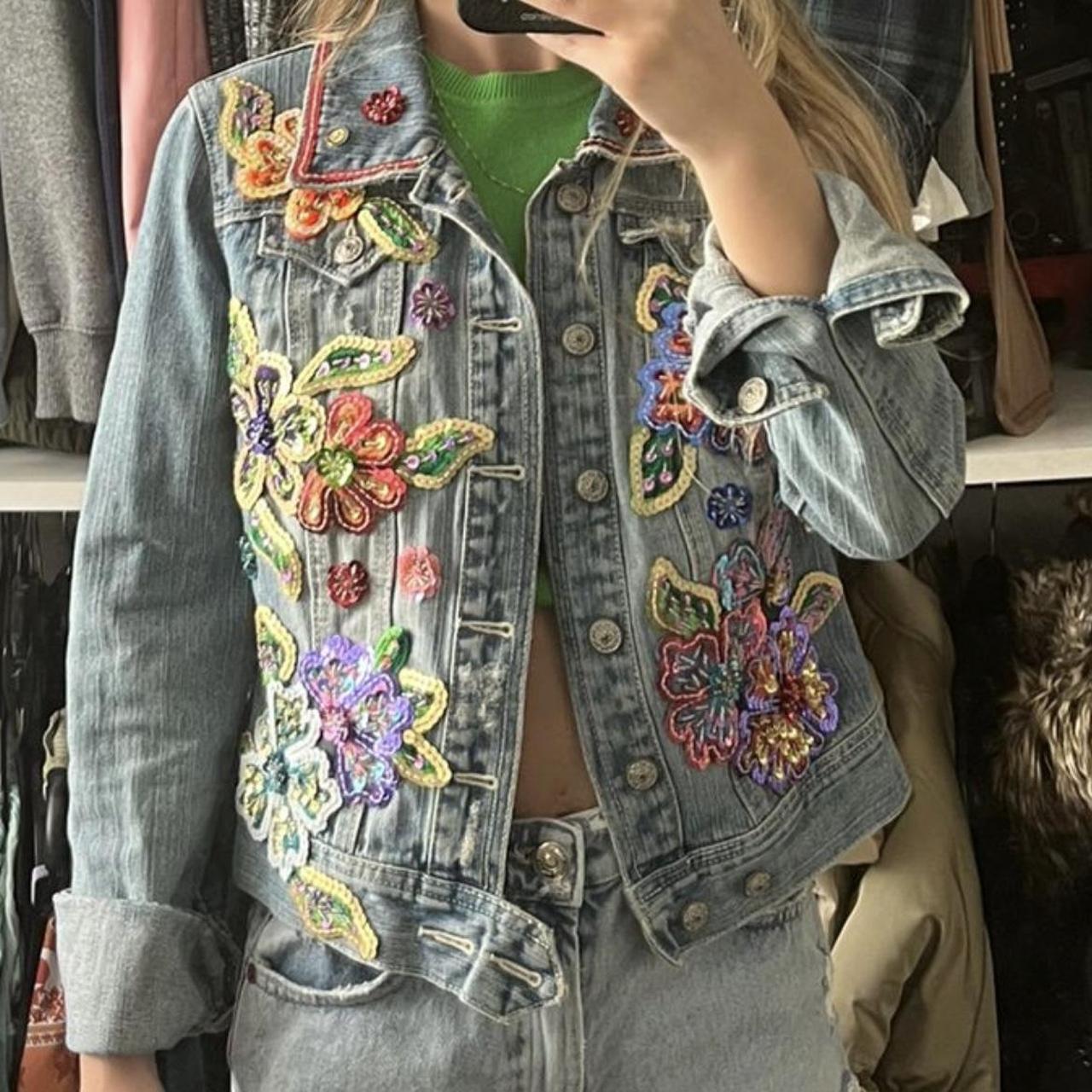 Secret garden embellished flower denim jacket Gypsy... - Depop