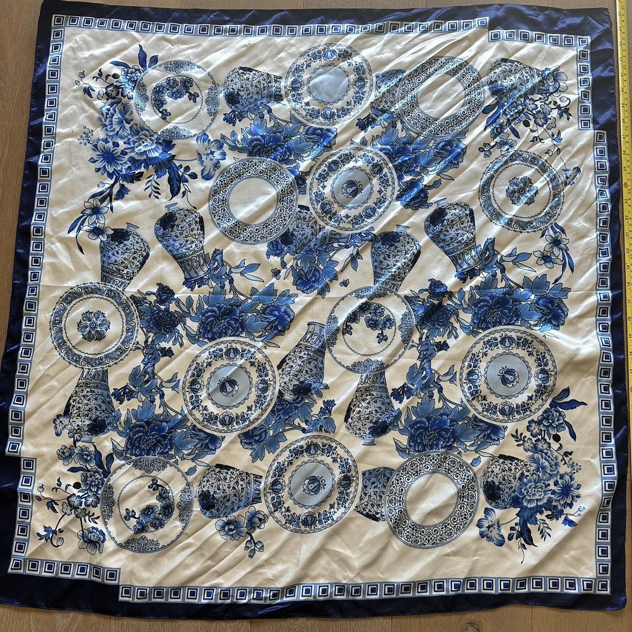 Blue and white silk scarf with a unique design... - Depop