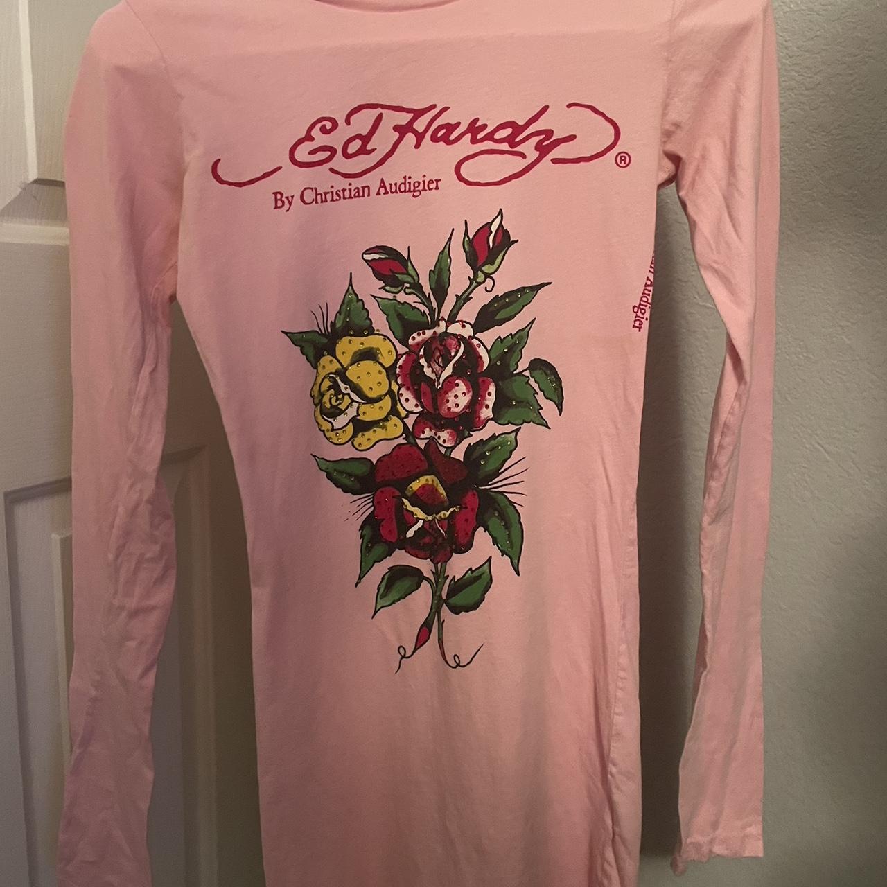 Pink long sleeve Ed hardy (2000’s vintage) Size:S... - Depop