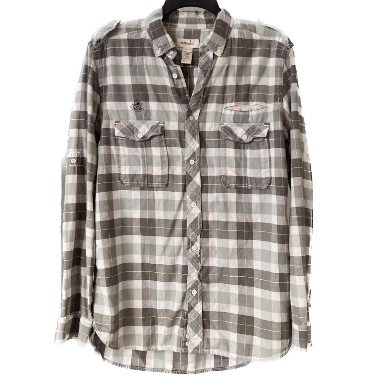 Vintage Diesel flannel shirt brown & white... - Depop