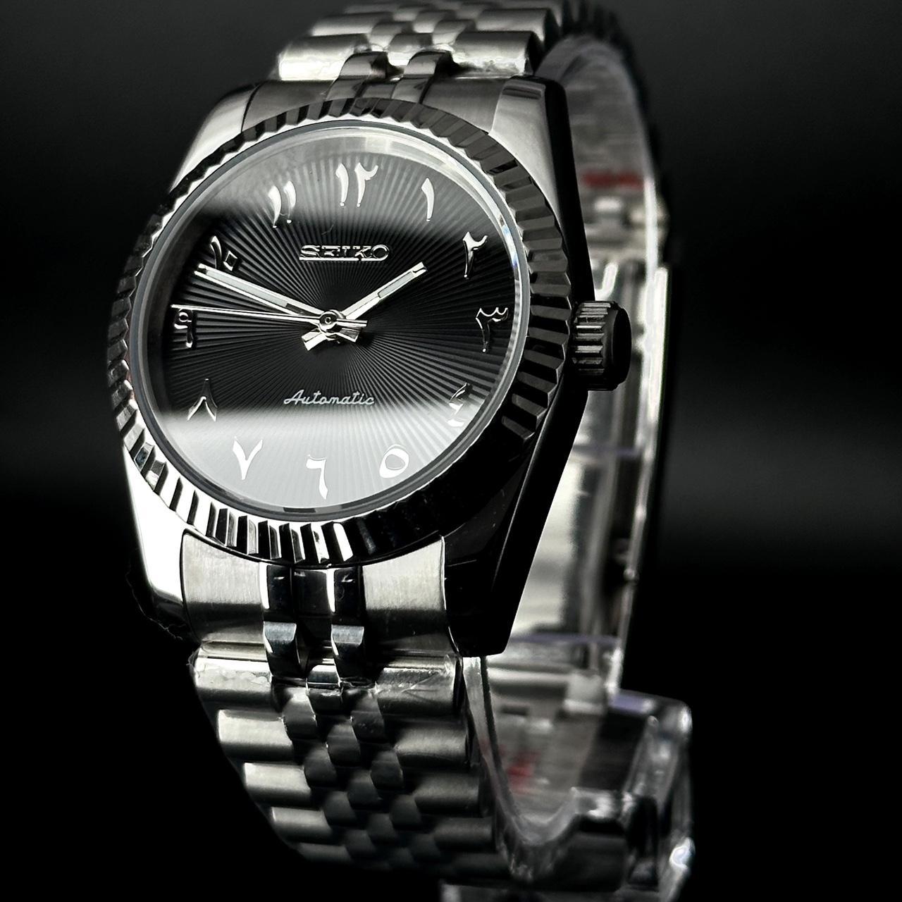 Seiko mod Striped black Embossed Arabic dial watch... - Depop