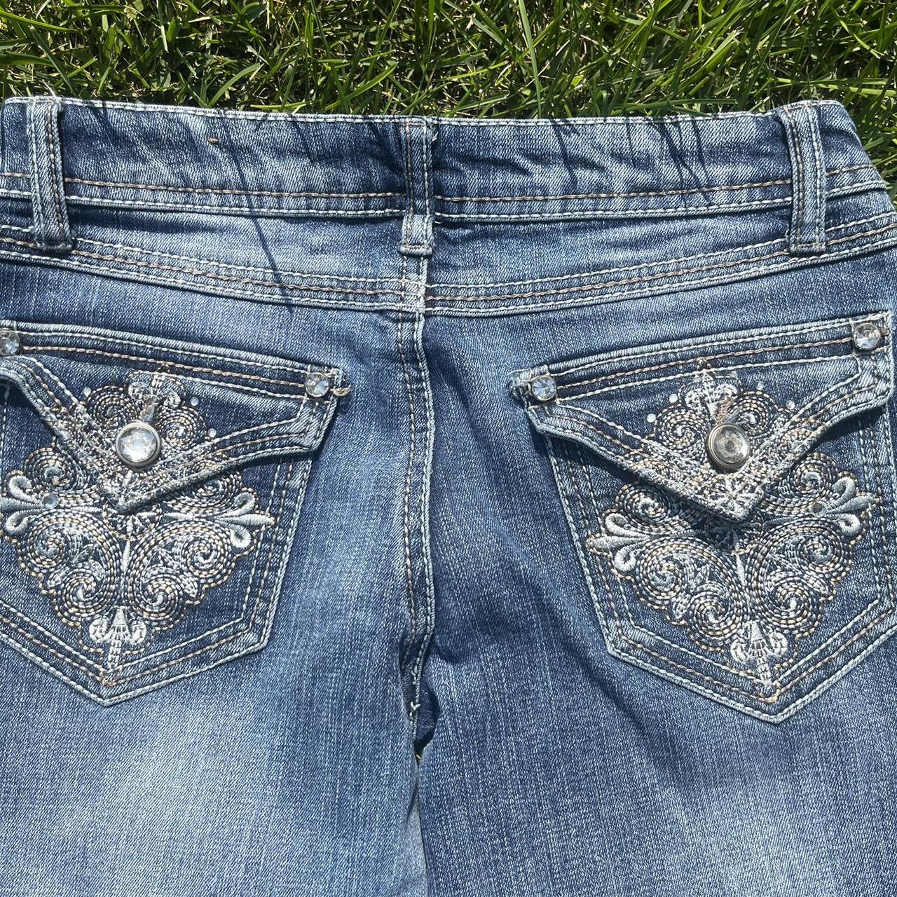 mudd embroidered and bedazzled bootcut jeans🩶 size... - Depop