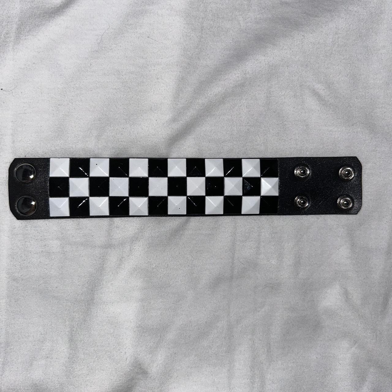 Black and white checkered leather cuff bracelet with... - Depop