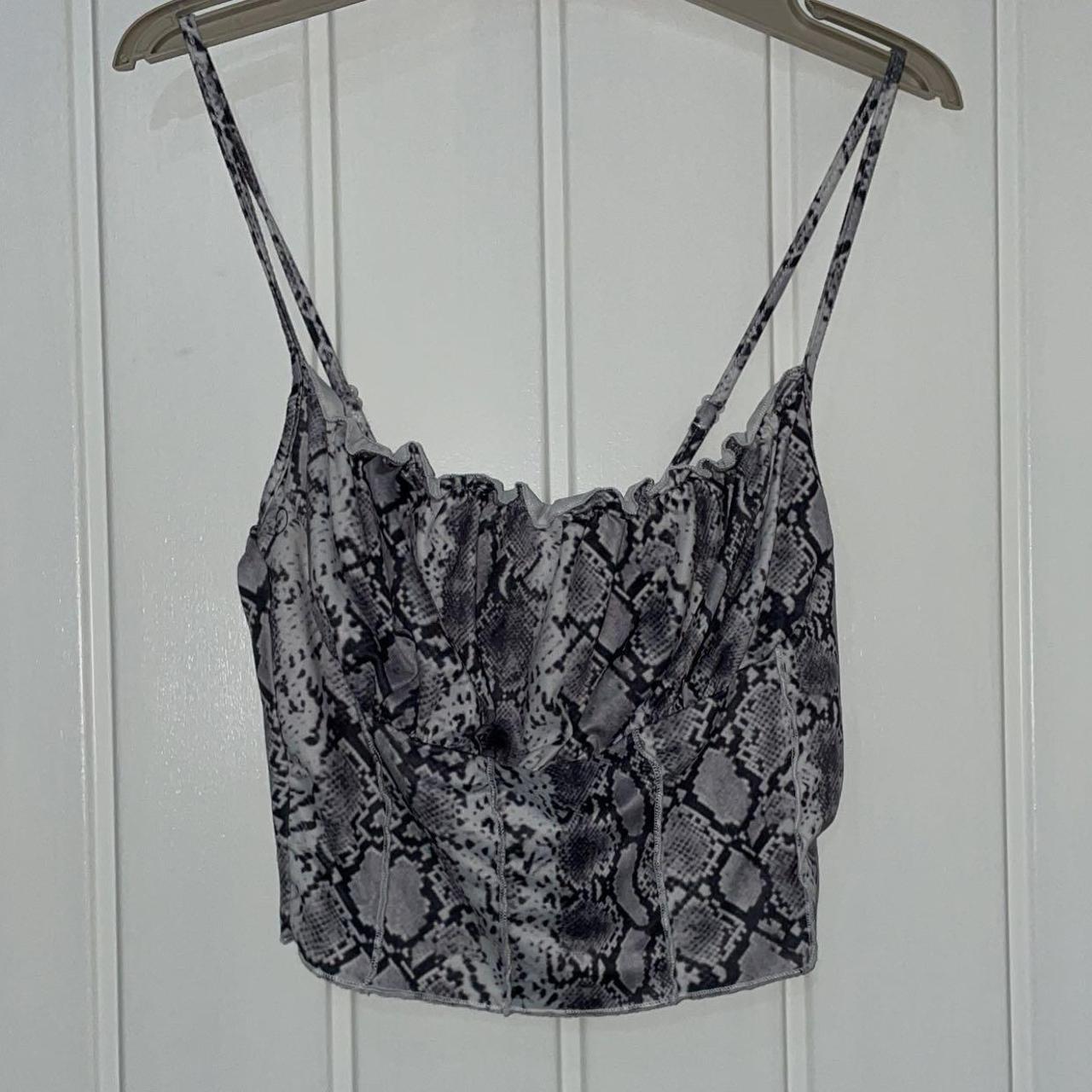 snake skin print frill trim ruched bust crop cami top - Depop