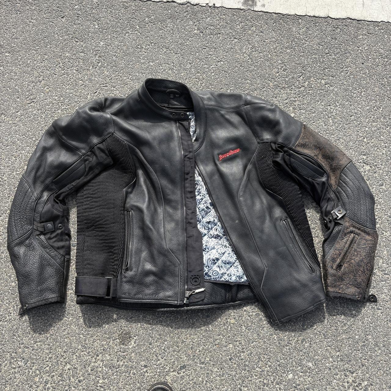 Black leather Jordan biker jacket with red accents... | Depop