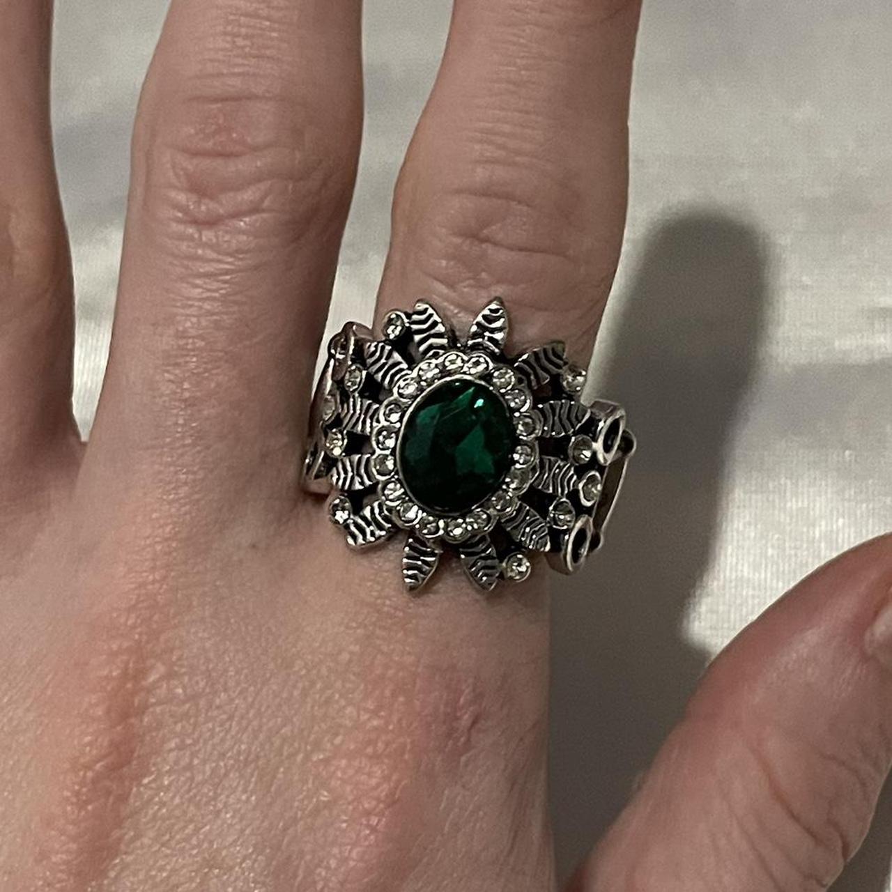 Vintage Glam Silver & Green Ring Stretch to fit as... - Depop