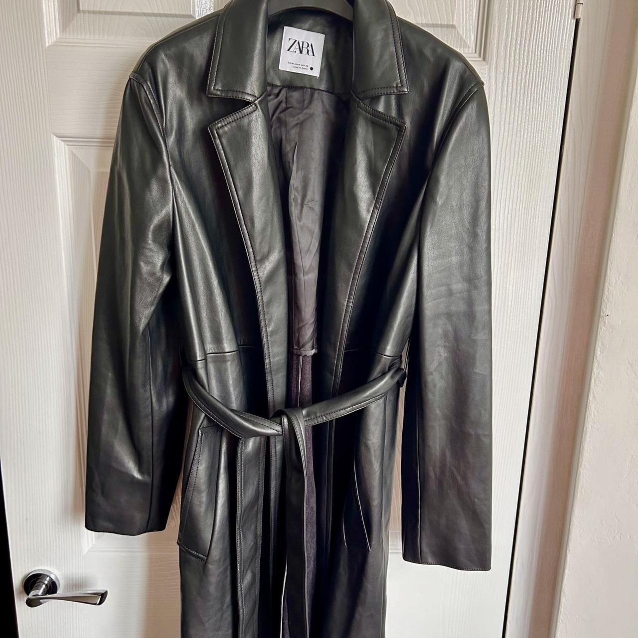 ZARA FAUX LEATHER TRENCH COAT, MEDIUM BLACK... - Depop
