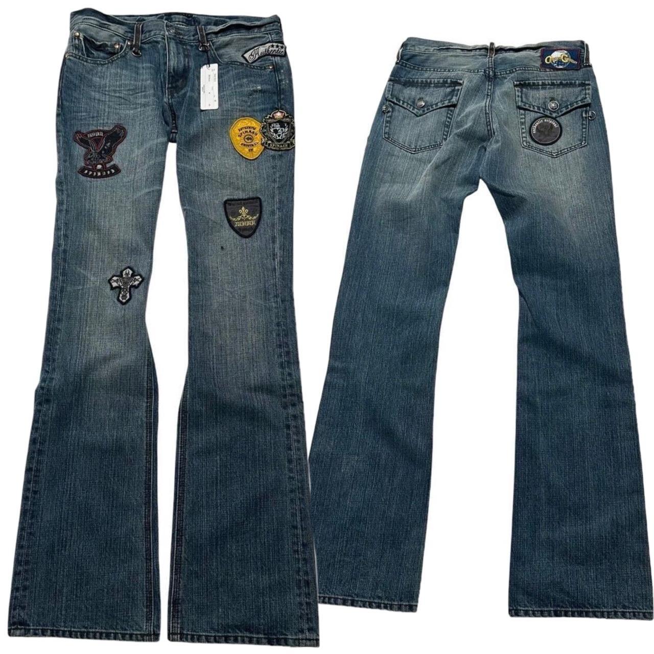 Y2K Ed Hardy-like low rise flare jeans w/ patches &... - Depop