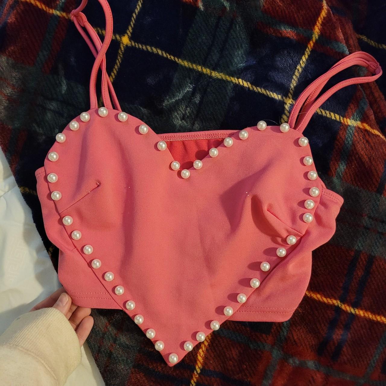 Pink Heart top with pearls Size- Small ⚠️DEPOP... - Depop
