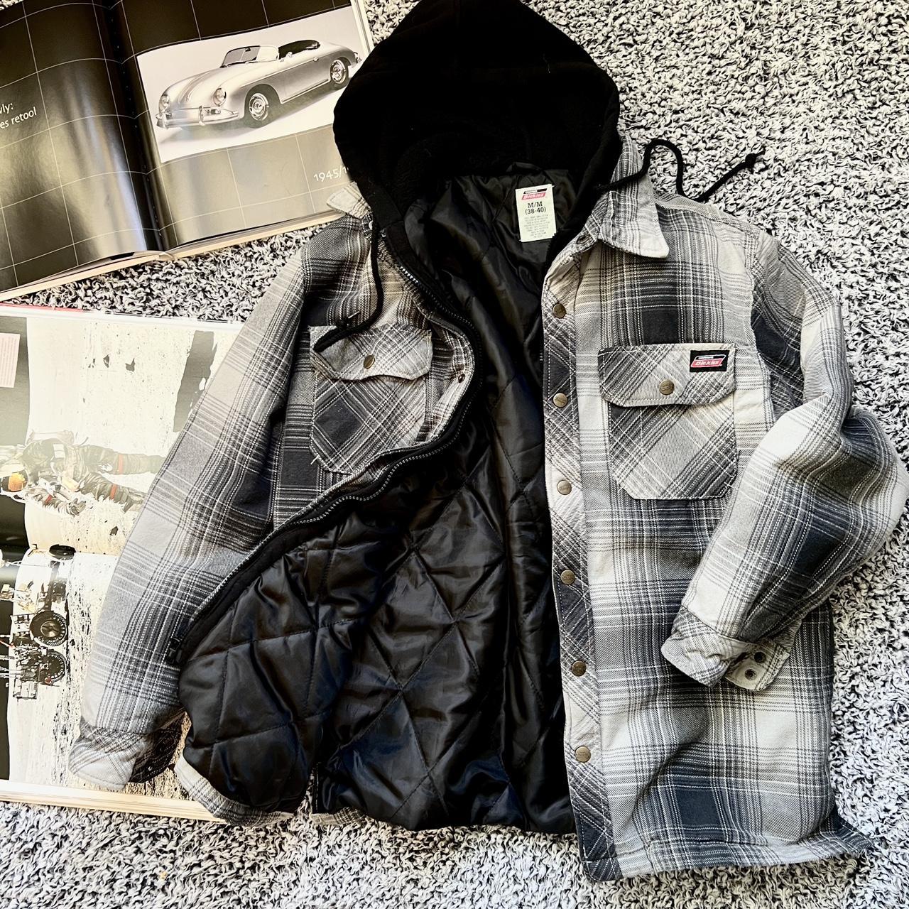 Dickies Men's Black and Grey Flannel Hooded Shirt... - Depop