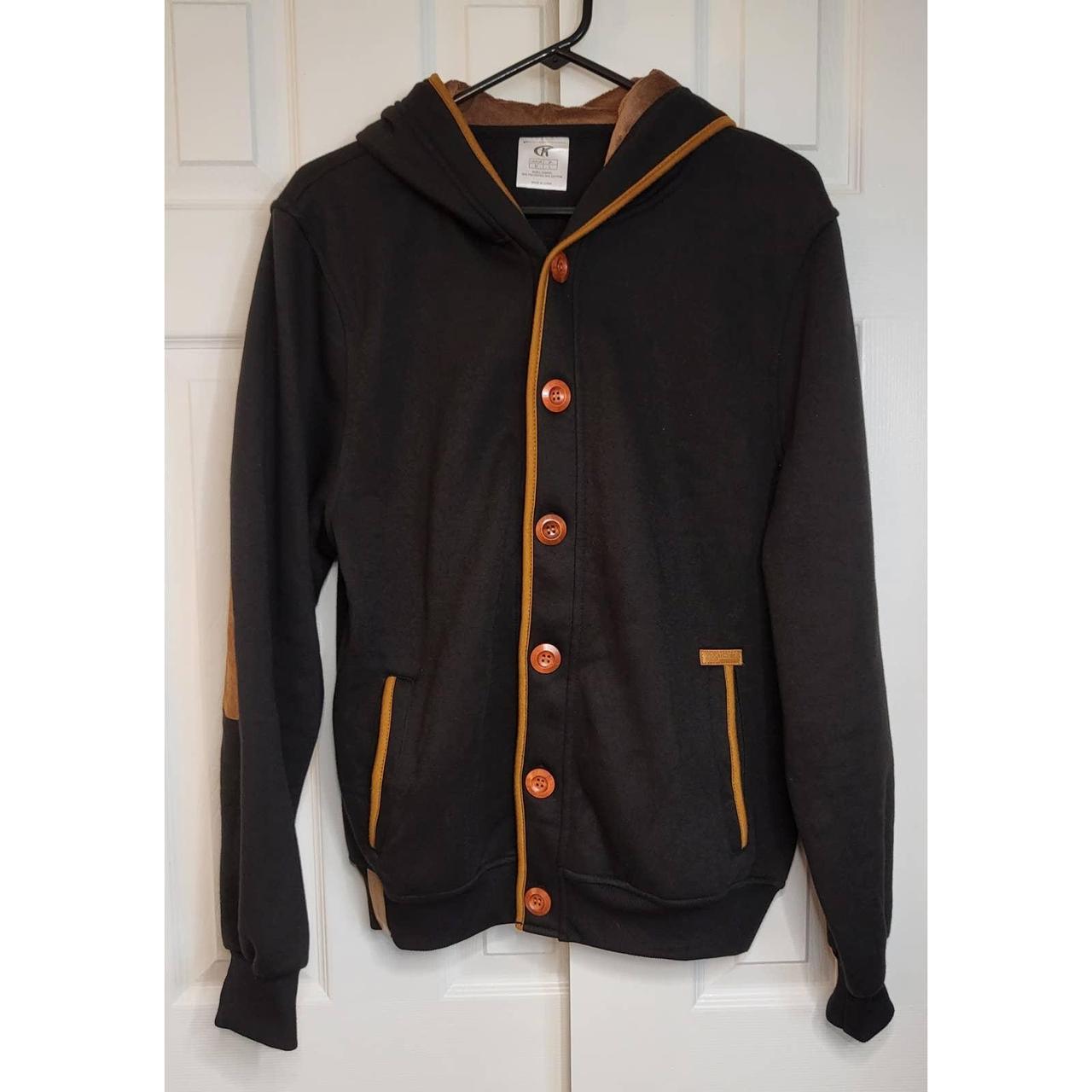 Men's Fleece Black Button Up Hoodie Sweatshirt- Size... - Depop