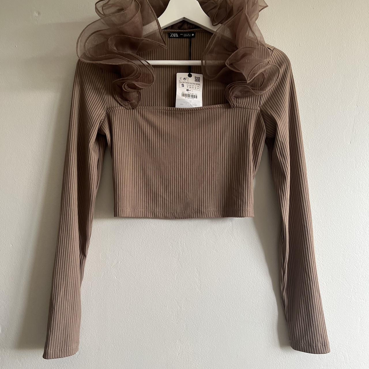 Zara brown ribbed knit tulle Ruffle organza long... - Depop