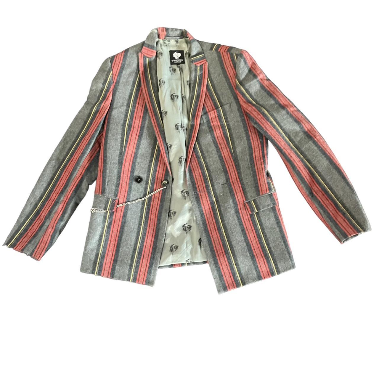 Grey and red striped blazer with chain detailing... - Depop