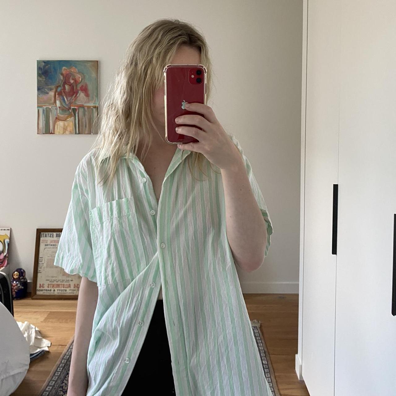 striped shirt - breezy material and vibrant green -... - Depop