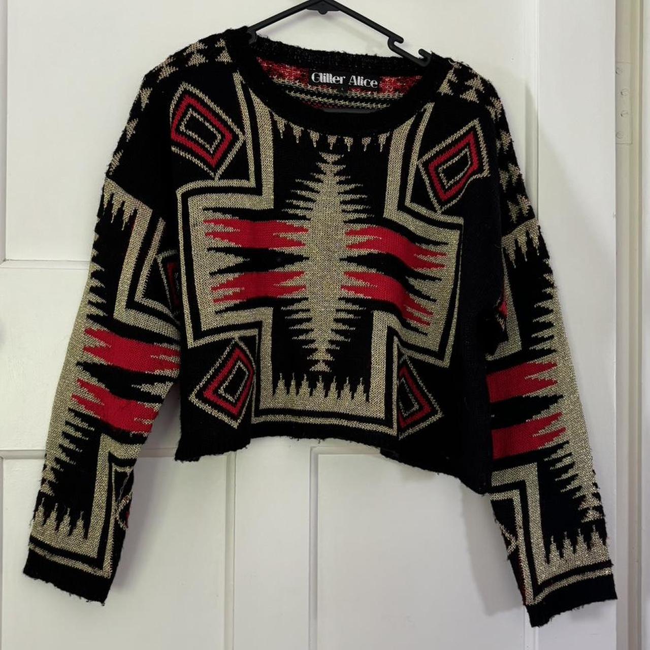 Vintage Black and red Aztec print cropped... - Depop