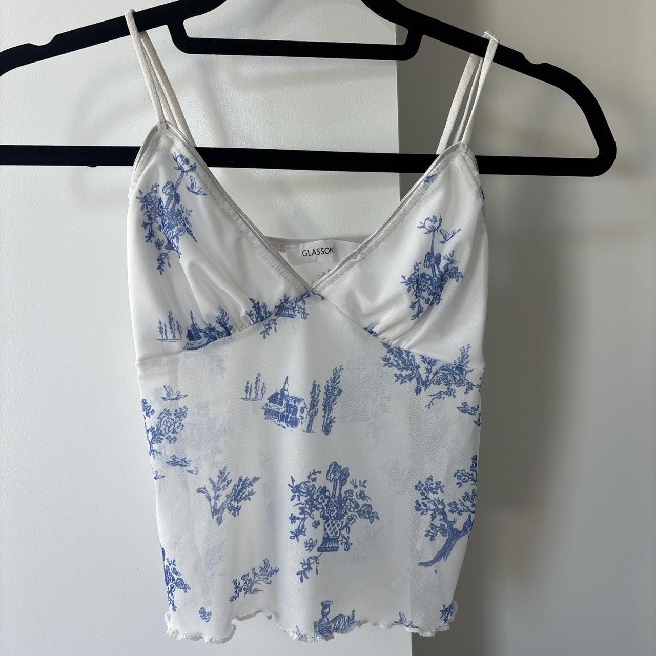 Glasson sheer floral blue and white tank | Depop