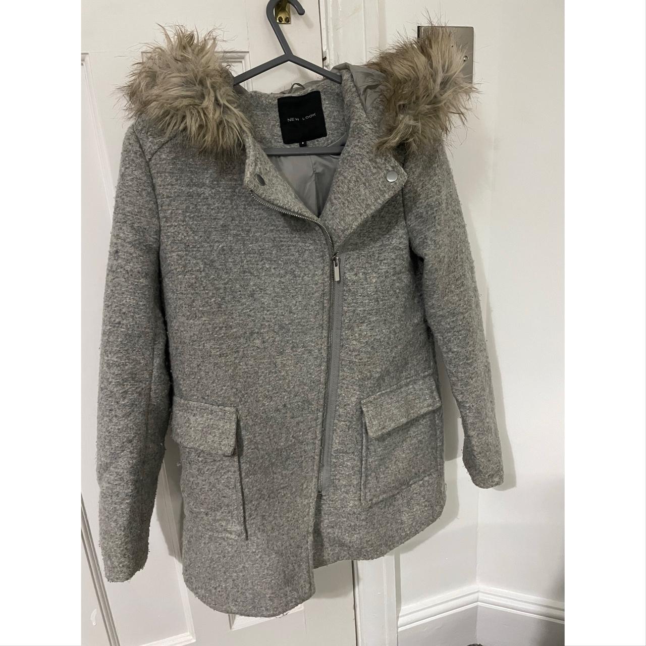 Woman’s grey new look coat UK size 8, with fluff... - Depop