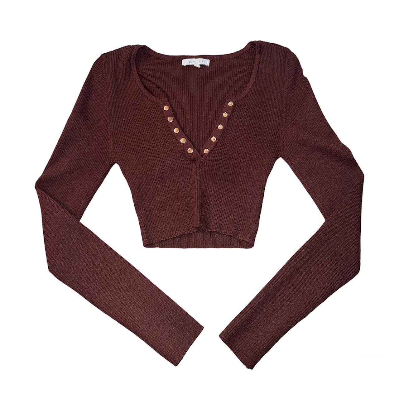 cute cropped brown long sleeve button up top size... - Depop