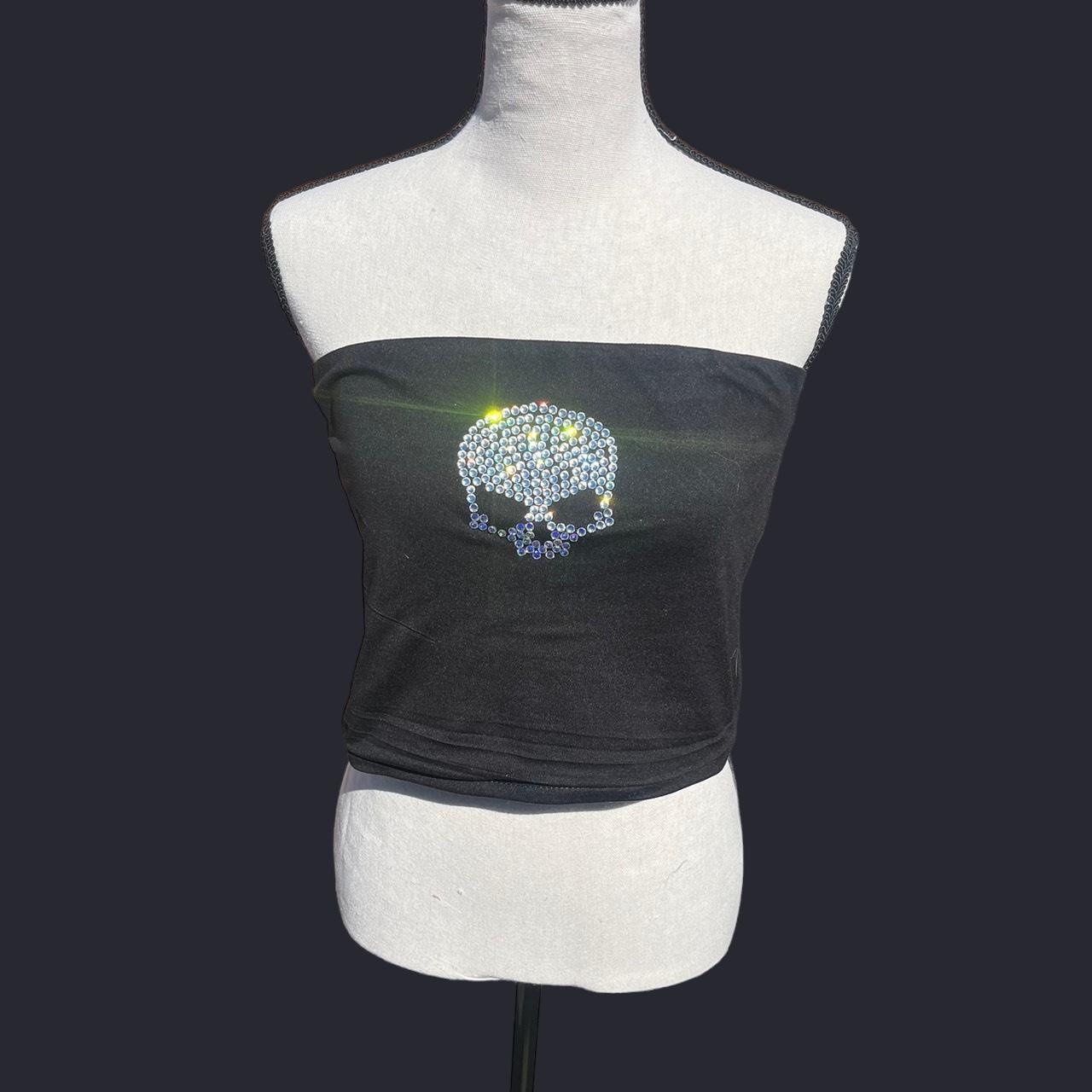 Custom Black and silver rhinestone skull crop top... | Depop