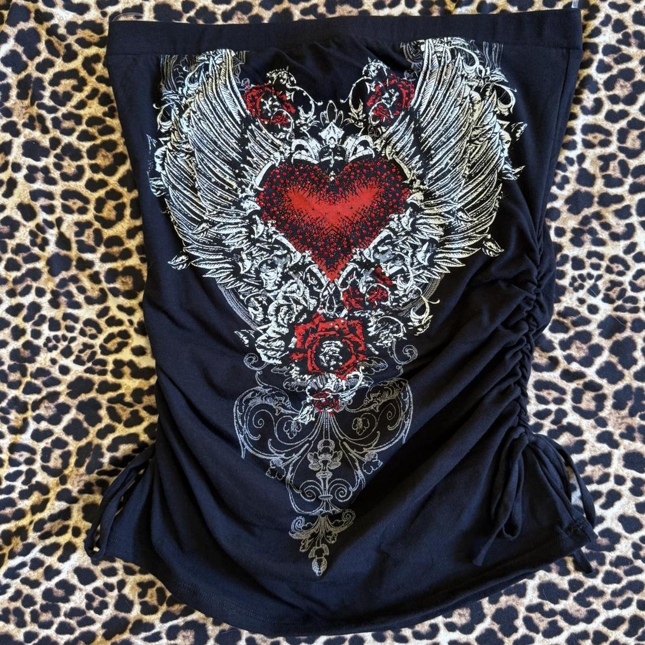 Black Red Rhinestone heart Tube Top features silver... | Depop