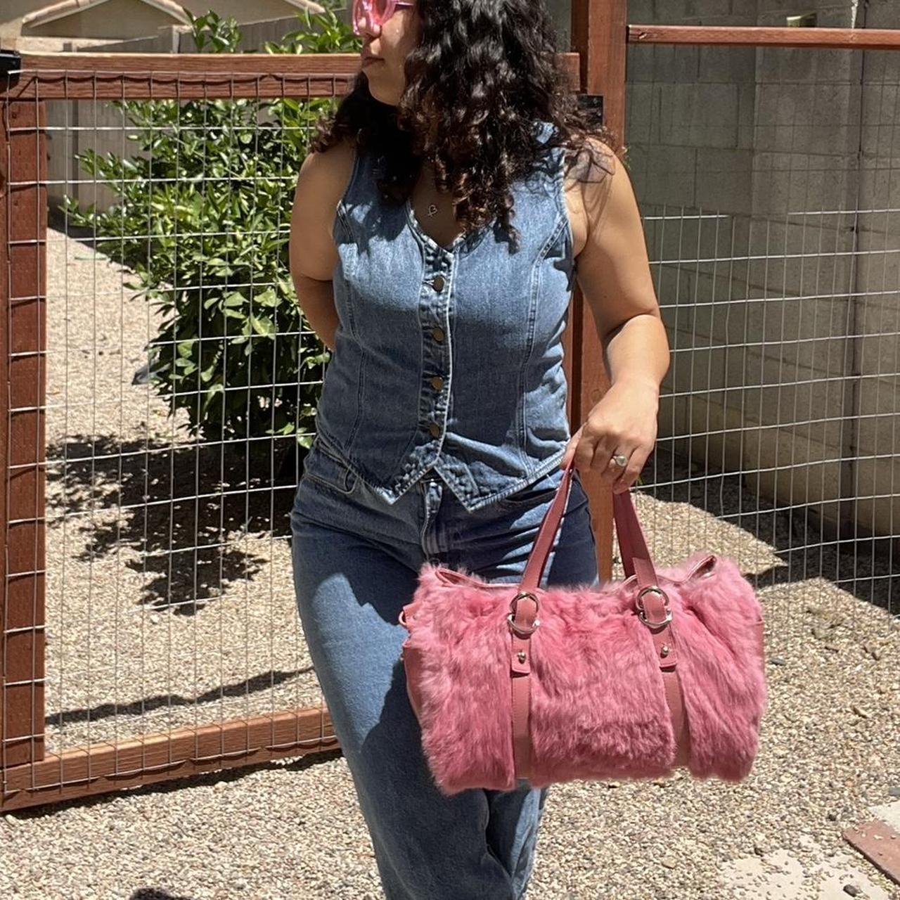 Pink rabbit fur and leather purse KENNETH COLE... - Depop