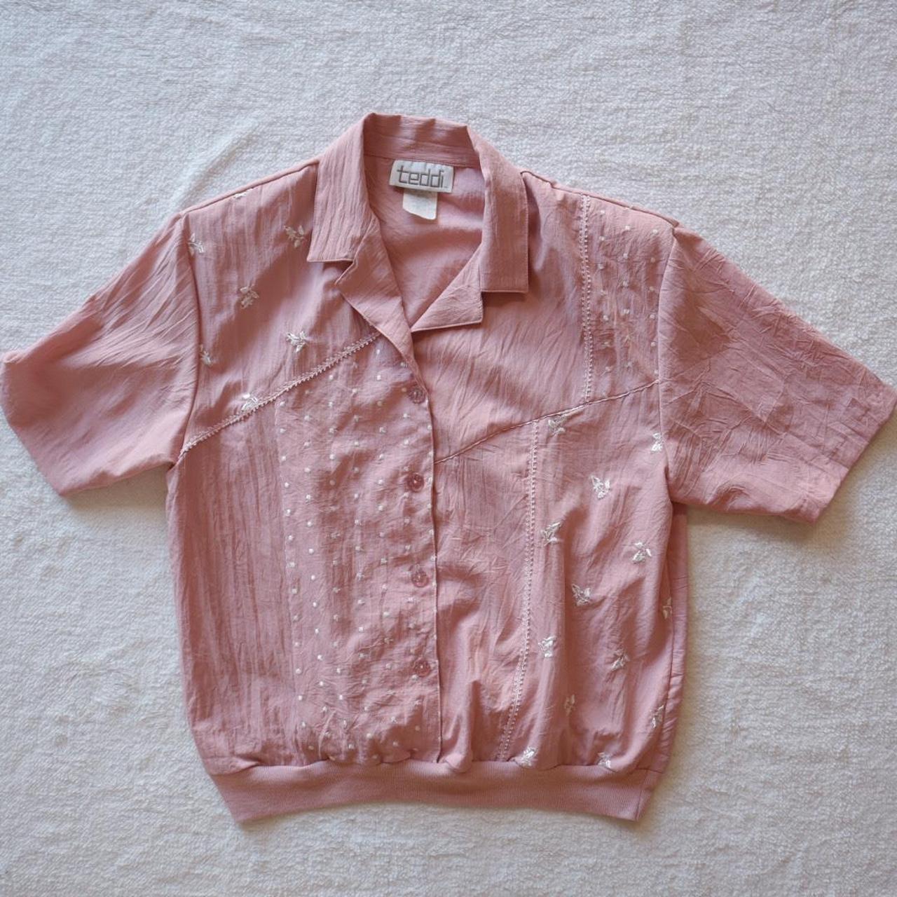 Vintage 80s pink pastel button up blouse made in... - Depop