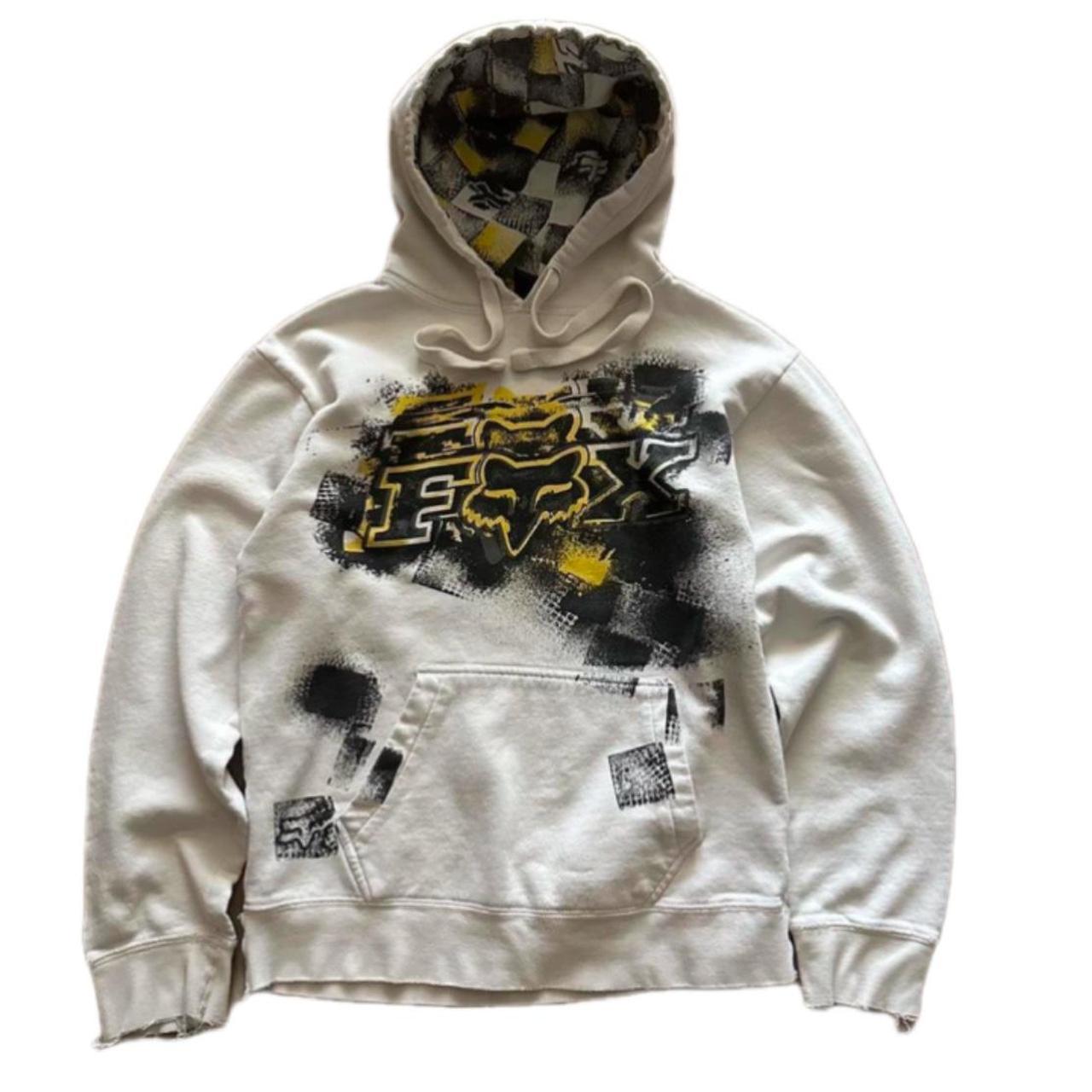 Fox Racing White Hoodie With Yellow Accents and Hood... | Depop
