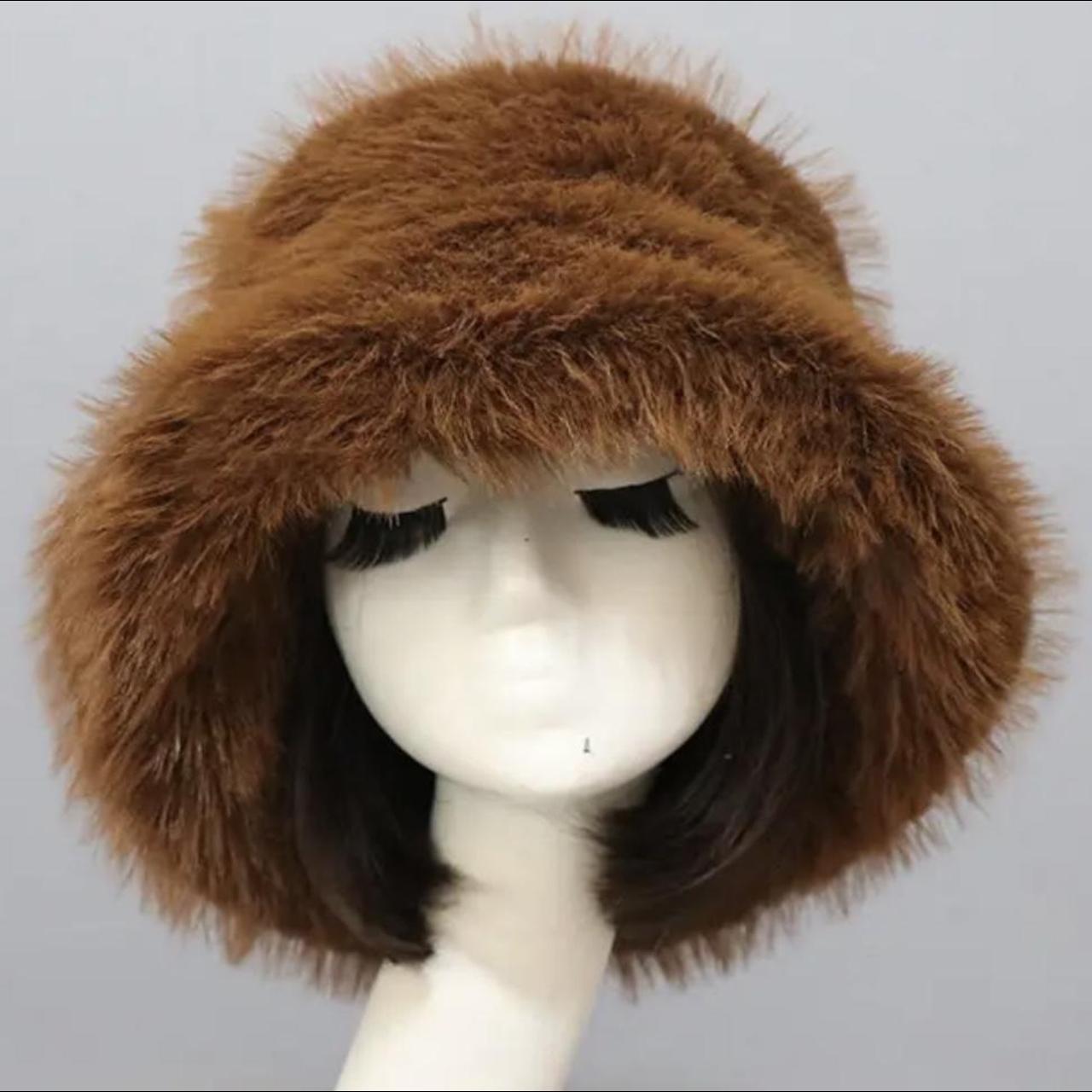 Brown Faux Fur Bucket Hat - Depop