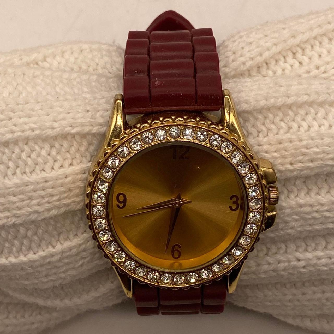 EUC Women's Maroon Silicon Watch with Rhinestones - Depop