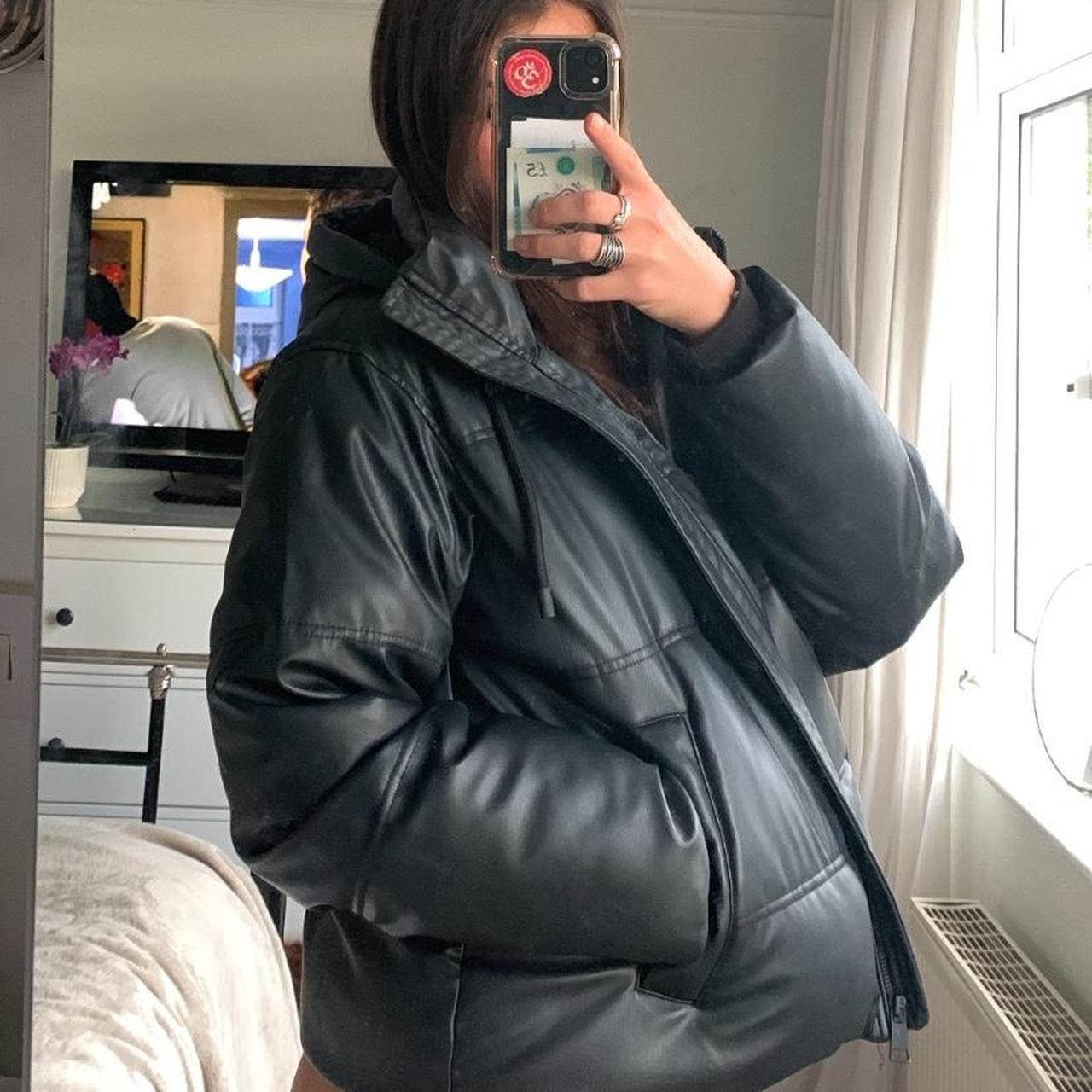Black leather Zara puffa coat Small hole on outside... - Depop