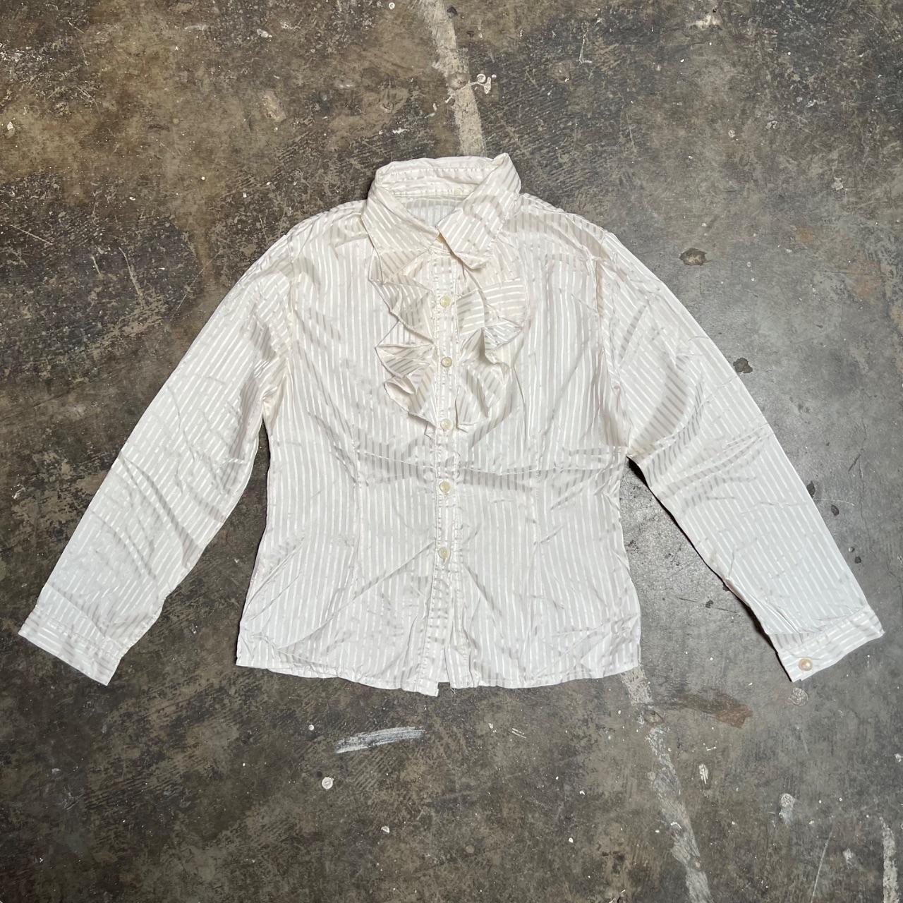 ☾⋆｡𖦹 ° cream satin ruffle shirt ☾⋆｡𖦹 ° brand:... - Depop