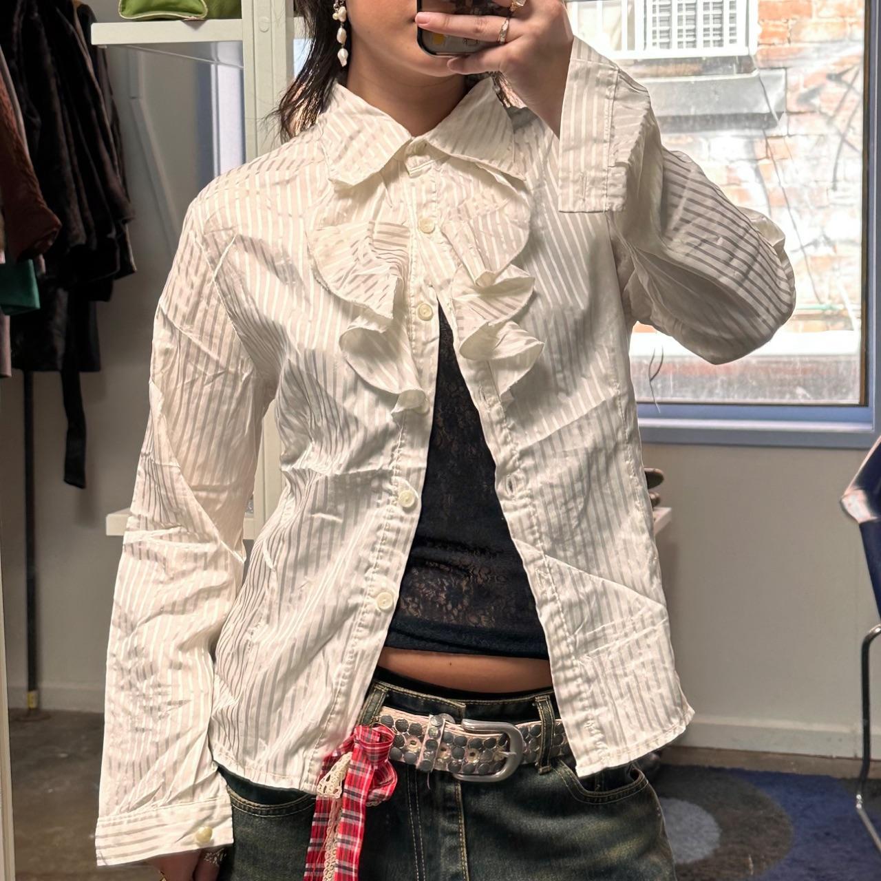 ☾⋆｡𖦹 ° cream satin ruffle shirt ☾⋆｡𖦹 ° brand:... - Depop